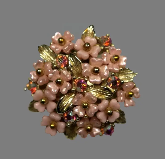 Pink Flower Bouquet Brooch Gold Tone Metal Rhinestones Enamel
